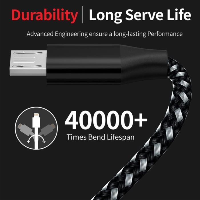 Câble Micro Usb [2M-Lot De 3], Câble Micro Paire Mâle Usb 2.0A, Câble ...