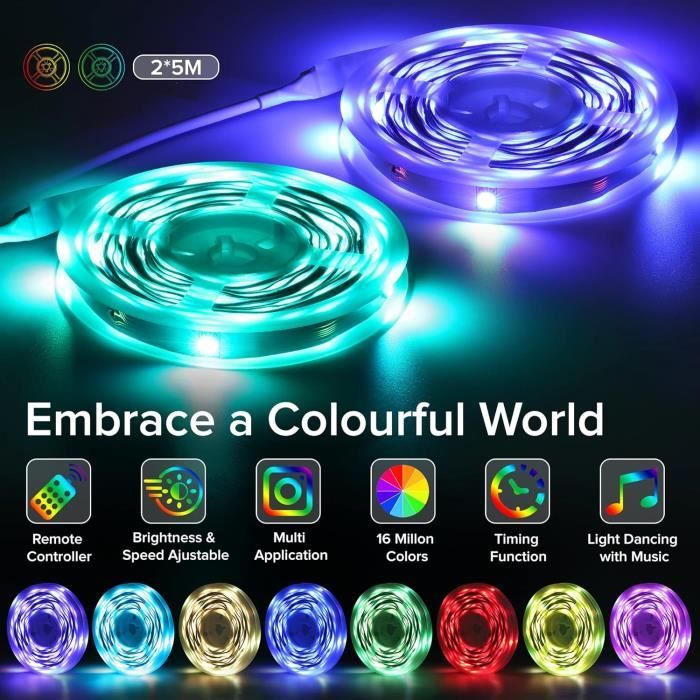 Ruban Led 10M(5Mx2) Bleutooth Bande Led Rgb Led Chambre Bande Lumineuse Flexible Multicolore ...