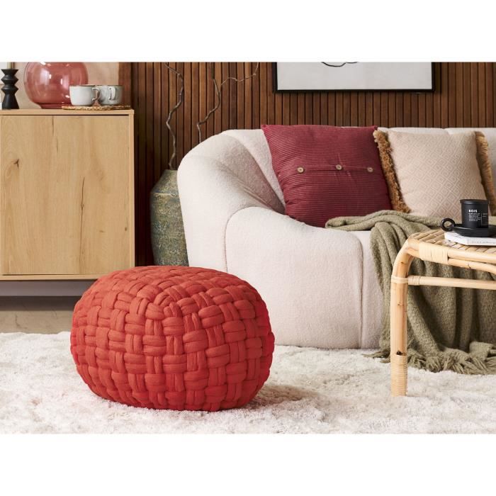 Pouf en velours rouge BELIANI - 45 x 35 cm - Tressé à la main ...
