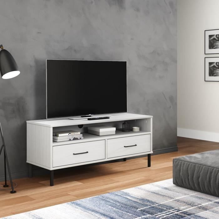 MEUBLE TV - MEUBLE HI-FI - Meuble TV avec pieds en métal Blanc Bois de ...