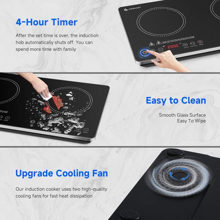 Plaque à induction portable 2 feux - TRAHOO - 3500W - 20 niveaux de ...