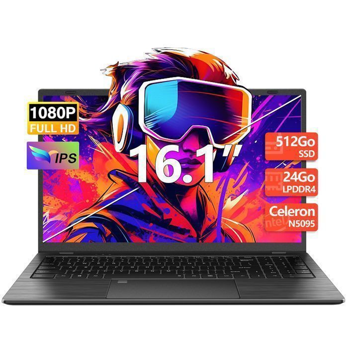 PC portable VANWIN Intel Celeron N5095(4C/4T,Jusqu'à 2,9 GHz),24Go RAM DDR4 512Go SSD,Windows ...