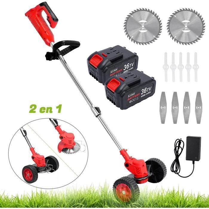 Débroussailleuse sans Fil avec 2 Batteries 4.0A , 3 en 1 Coupe-Bordure 90° Régler avec Roue de ...