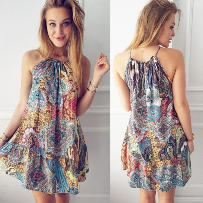 Femmes été vintage bohème mini robe longue fête plage robe fleurie ...