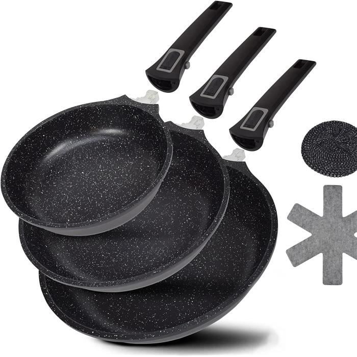 DIVORY Set de 3 poêles à frire 20cm, 24cm, 28cm avec poignée amovible, induction, revêtement ...