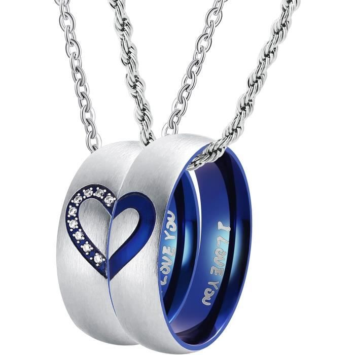 Collier Couple 2 Anneaux I Love You Pendentif Bague Homme Noir Femme Or ...