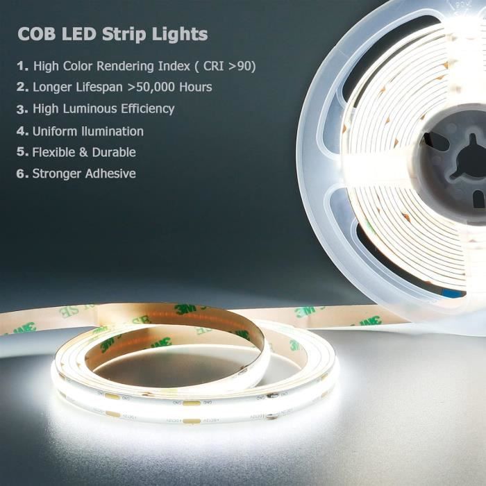 Topai 12V Ruban Led Cob Blanc Froid 6000K 5M, 480Leds-M Super Lumineux Cri 90+ Flexible Bande ...