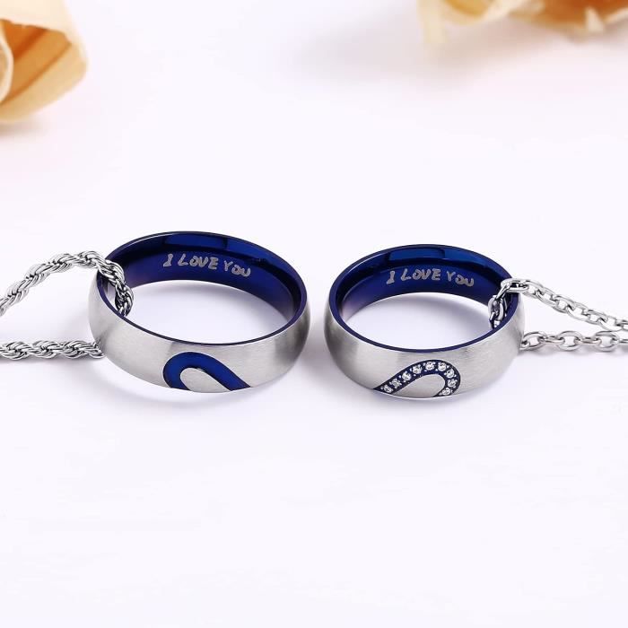 Collier Couple 2 Anneaux I Love You Pendentif Bague Homme Noir Femme Or ...