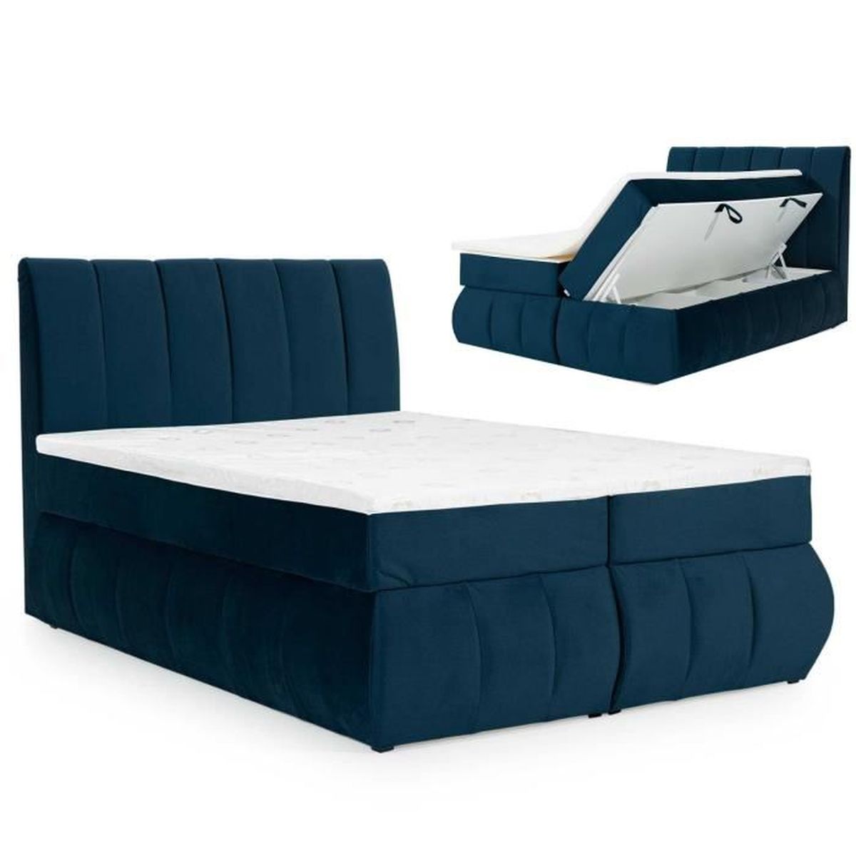 Lit boxspring 180x200 avec coffre de rangement en velours bleu foncé ...
