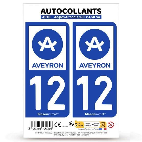 2 Autocollants plaque immatriculation Auto 12 Aveyron - Département ...