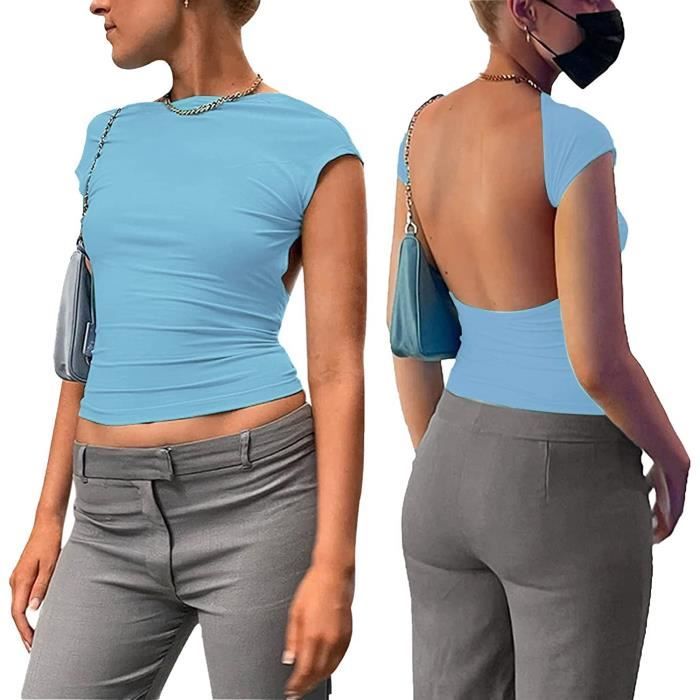 Y2K Top Haut Dos Nu Femme Backless Crop Top Manches Courtes Col Rond ...