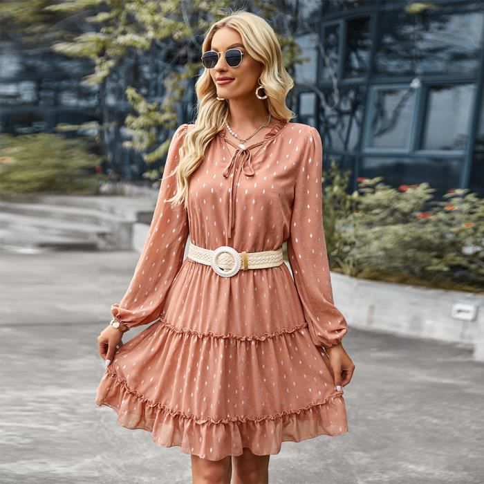 Robe femme chic Mode elegant Manches longues Vintage cool - Beige ...