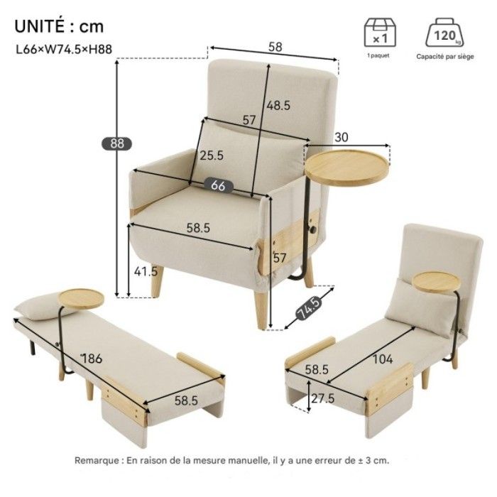 Fauteuil convertible 3 en 1, inclinable, chaise pliante rembourrée, lit ...