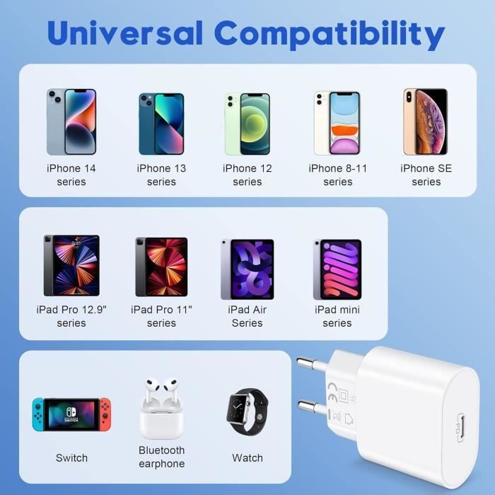 Chargeur Iphone À Charge Rapide, Embout Chargeur Usb C 20W Avec Câble ...