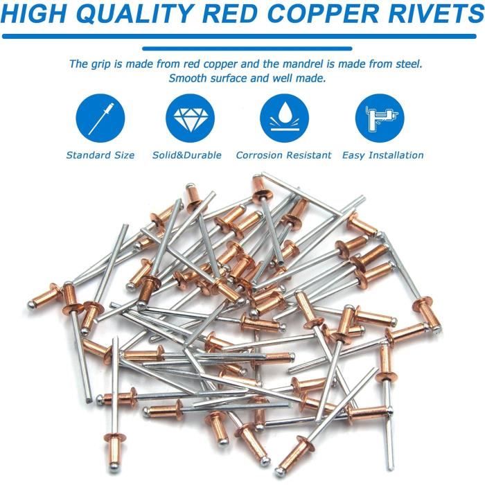 Lot de 25 rivets aveugles en cuivre rouge à tête plate pour tôle ...