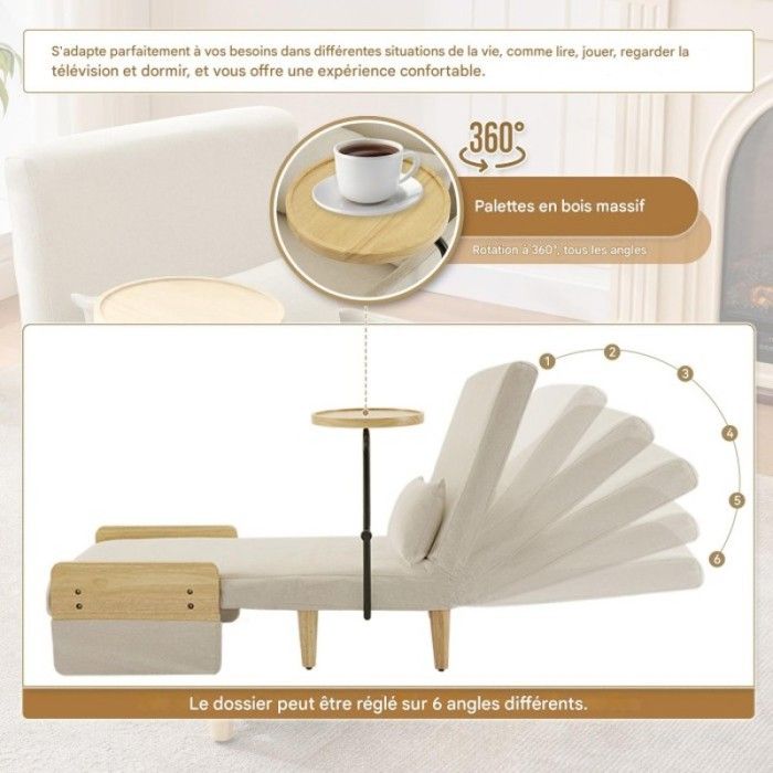 Fauteuil convertible 3 en 1, inclinable, chaise pliante rembourrée, lit ...