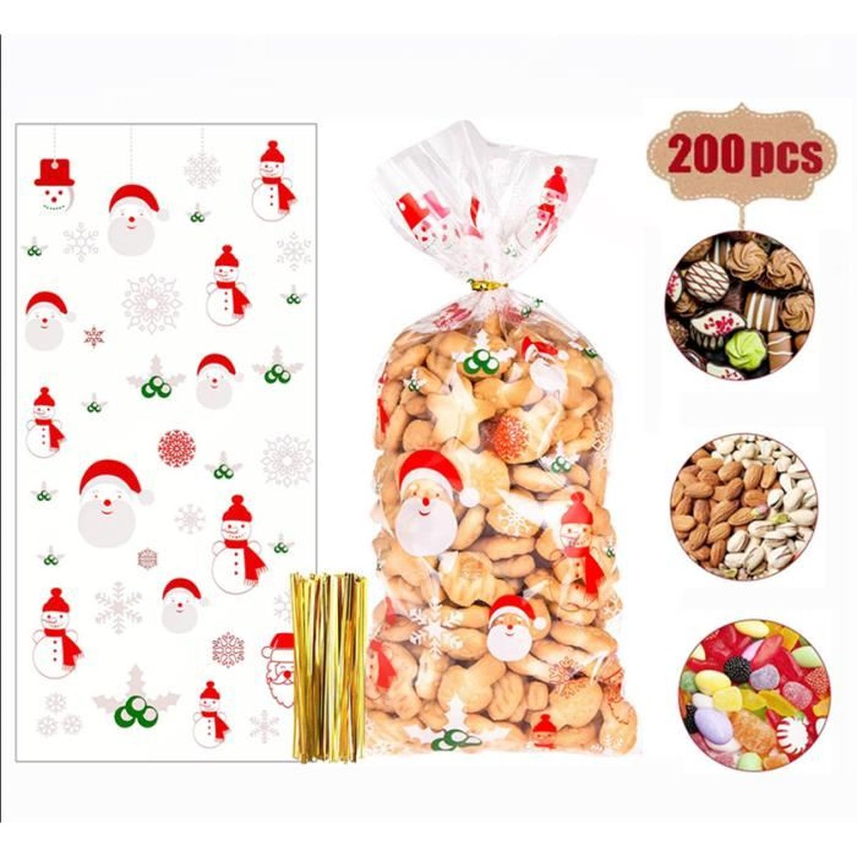 200pcs Sachets en Plastique Noël pour Bonbons Biscuits,Chocolat ...
