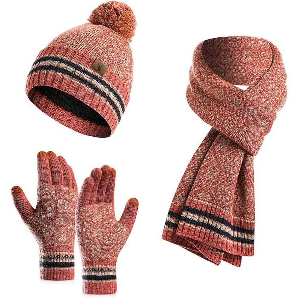 Ensemble Bonnet Echarpe Gant 3 en 1,Hiver Chaud Doublé en Polaire ...