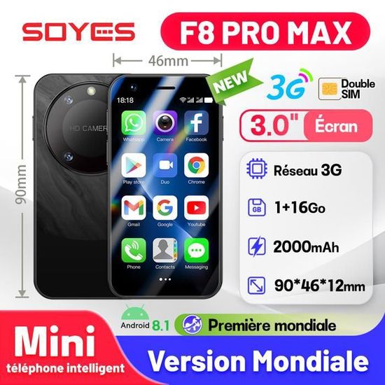 Première mondiale SOYES F8 Pro Max Mini Smartphone 3,0 pouces 2000mAh SIM Veille Play Store 3G ...