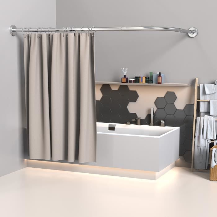 Misounda Barre de rideau de douche en forme de L - Avec 24 anneaux de ...
