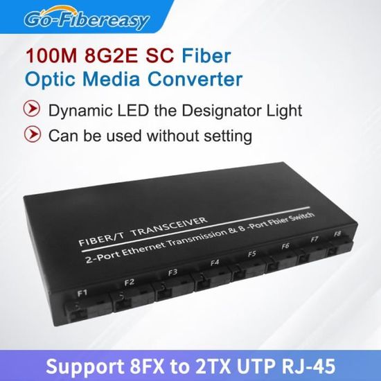 1 pièces 100M BIDI 20km-Commutateur à Fiber Optique 8 Ports SC à 2 Ports TX RJ45 10-100Mbps ...