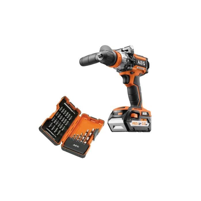 Perceuse à percussion AEG BSB18CBL-502C - 18V LI-ion - 2 batteries - coffret 35 pièces HSS-G ...