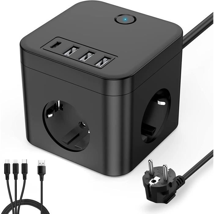 Multiprise Cube USB, Bloc Multiprise 3 Prises et 3 Ports USB 5V-2.4A 1 USB C Chargeur ...