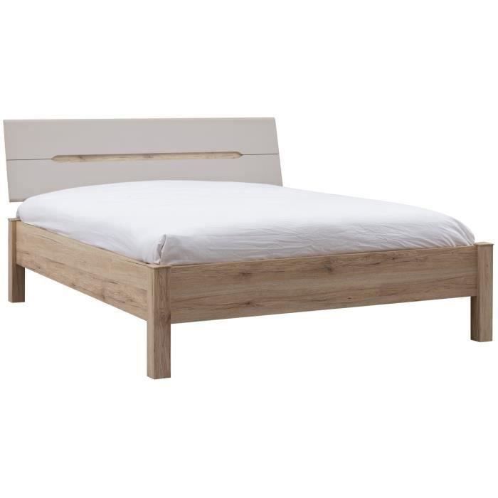 Lit adulte en MDF coloris chene et taupe - Dim : 160 x 200 cm ...
