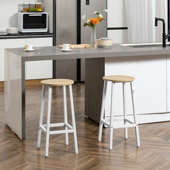 Lot de 2 tabourets de bar SAFREN blanc et bois naturel - Cdiscount Maison