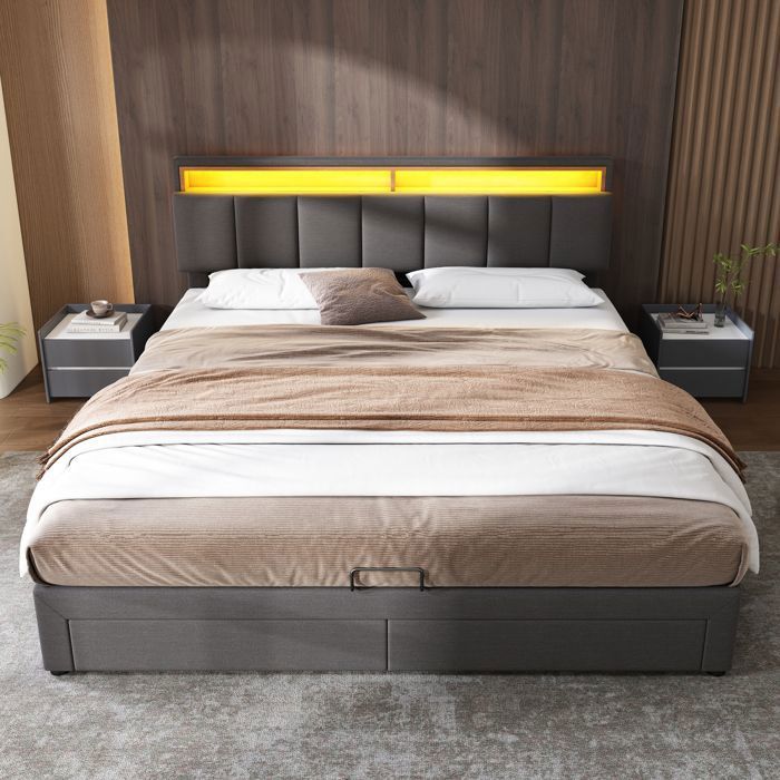 DADEA Lit Coffre 160x200 avec Led,Lit Rembourré Led Hydraulique,Lit ...