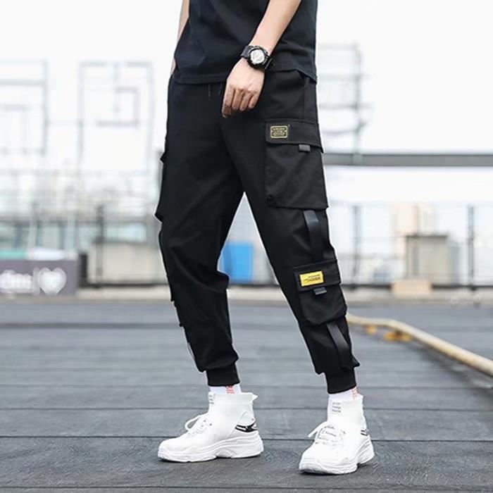 Poches latérales pour hommes Cargo Harem Pantalon Rubans Noir Hip Hop Casual Male Joggers ...