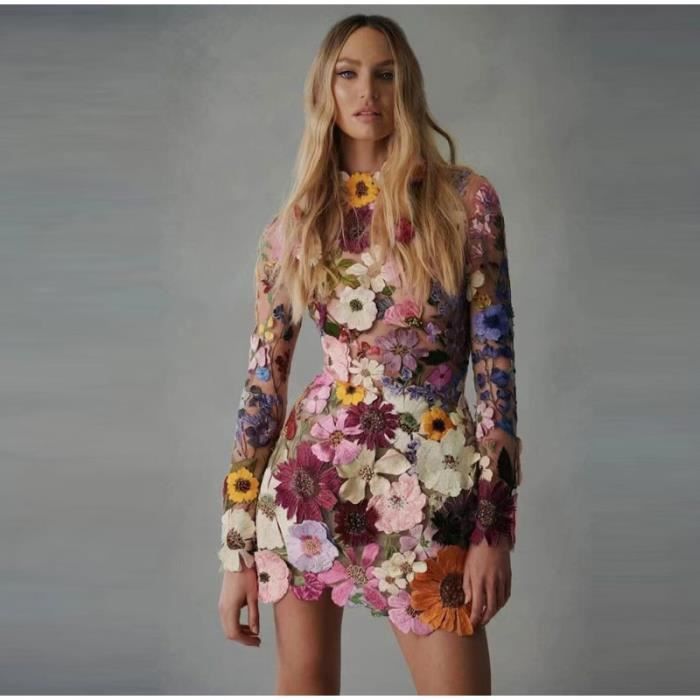 Robe,Mini robe de luxe pour femmes, broderie florale, élégante, col mi ...