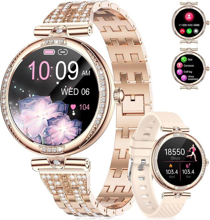 Montre Connectée Femme Avec Appel Bluetooth,1.19" Amoled Diamond Smartwatch Santé Au Féminin,100 ...