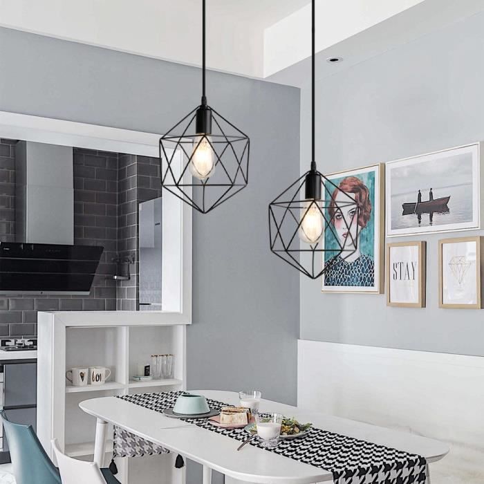 Sayoo Lot de 2 Lustre Plafonnier en Métal Noir Moderne, Cage Diamant ...