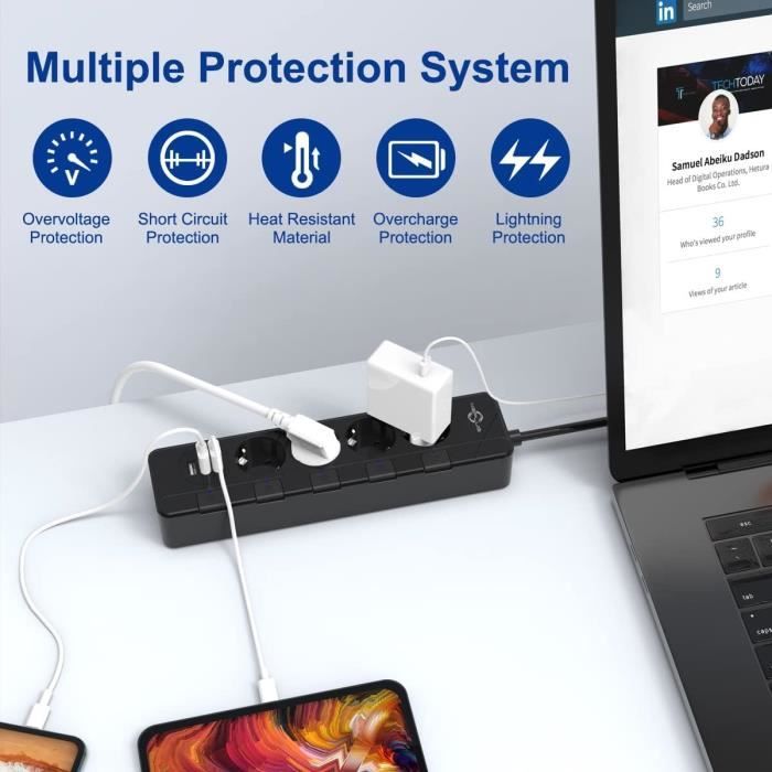 Multiprise Electrique 4000W-16A, Multiprise USB avec 4 Prises et 3 ...