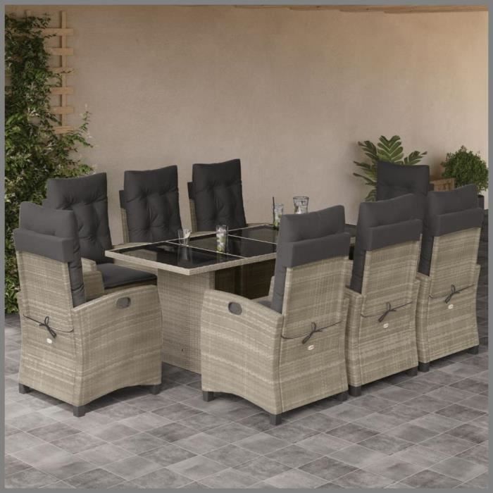 DXBK Ensemble à manger de jardin et coussins 9 pcs gris clair rotin ...