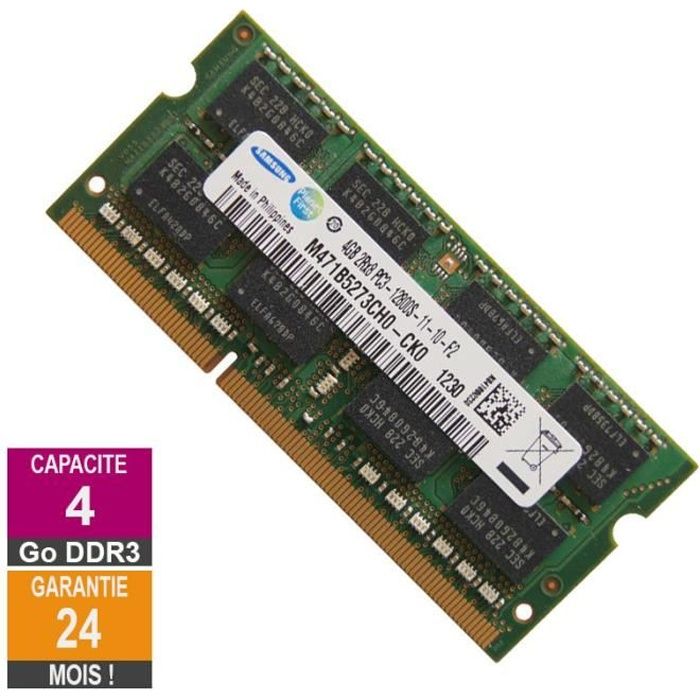 Barrette Mémoire 4Go RAM DDR3 Samsung M471B5273CH0-CK0 SO-DIMM PC3-12800 1600MHz 2Rx8 ...