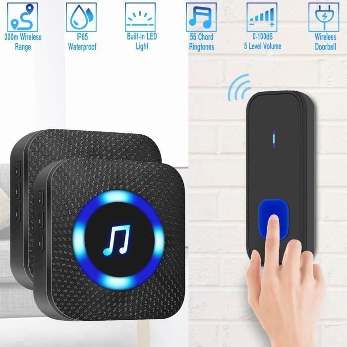 Sonnette de Porte Sans Fil Led flash 2 Récepteurs Carillon 55 Sonneries ...