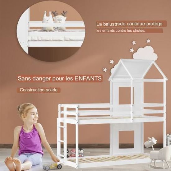 Lit enfant, lit superposé 90*200cm, bois massif blanc, garçons et ...