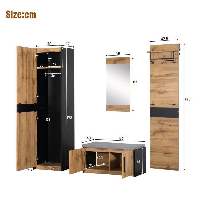 Set de vestiaire - KEEN SO - 4 pièces - Miroir et banc - Bois marron ...