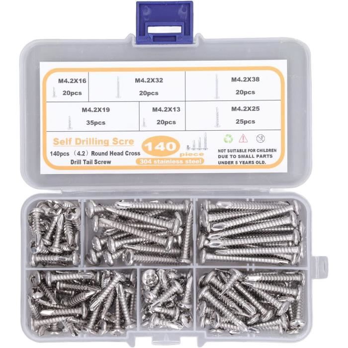 Lot de 140 vis autoperceuses M4.2, tête de rondelle ronde en acier inoxydable à filetage profond ...