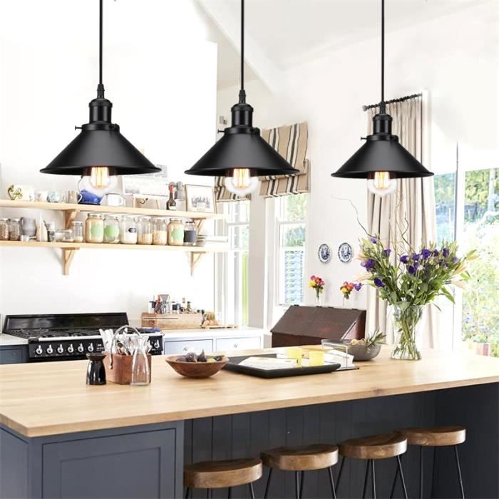 Kawoo Lot de 3 Lustre Suspension Vintage Ajustable Noir,E27 Lampe de ...