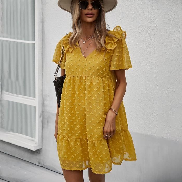 Robe Femme Ete Bohème Sexy Col En V Chic Elegant Imprimé Floral Jaune