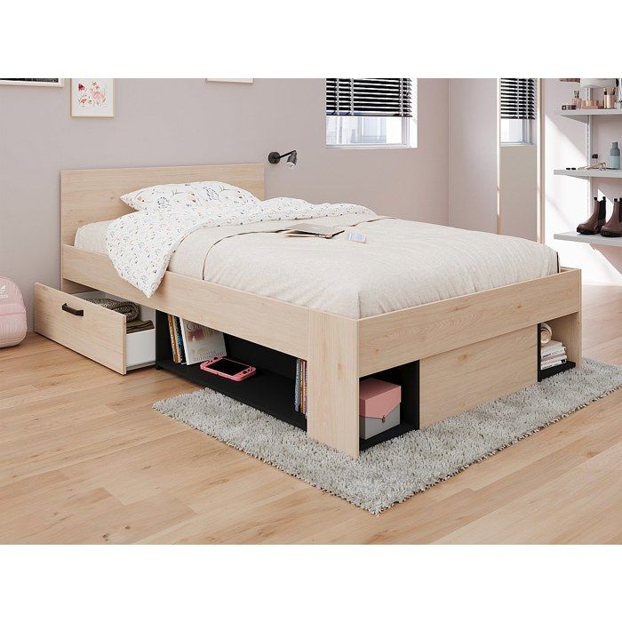 Lit 120 x 190/200 cm avec rangements - Coloris : Naturel et noir - KINSELIA - Cdiscount Maison