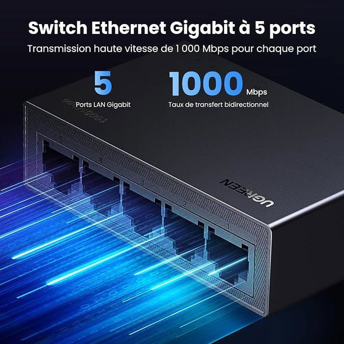 Switch Ethernet Gigabit 5 Ports, Hub RJ45, Plug-and-Play, Bureau et ...