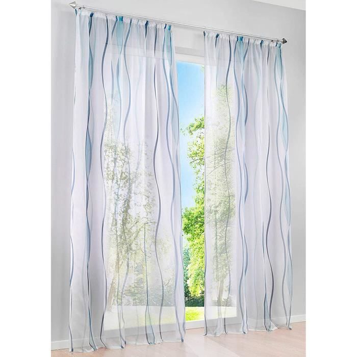 1Pièce Rideau Voilage Transparent avec Impression Vague Bleu ...