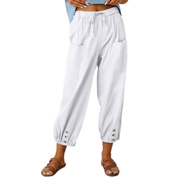 Pantalon Court Femme Été Décontracté Ample Pantalon Large Élastique Taille Sarouel Pantalon 3-4 ...