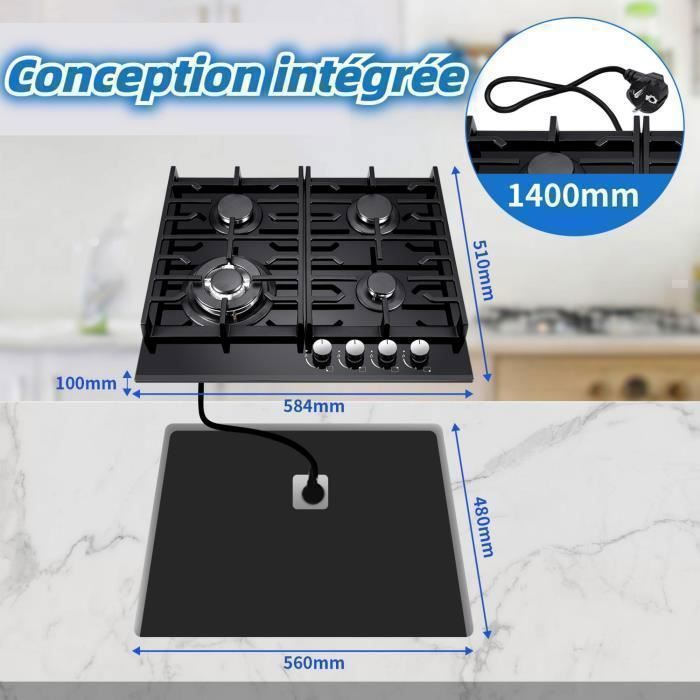 Plaque de cuisson gaz - 8000 W - Table de cuisson gaz encastrable - 4 ...