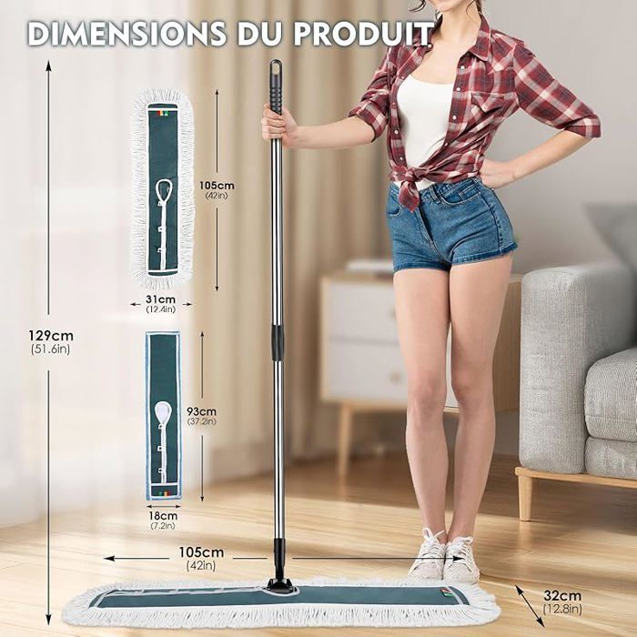 Professional Mop 105 m Large Microfibre Mop with 2 Pads, Flat Mop ...