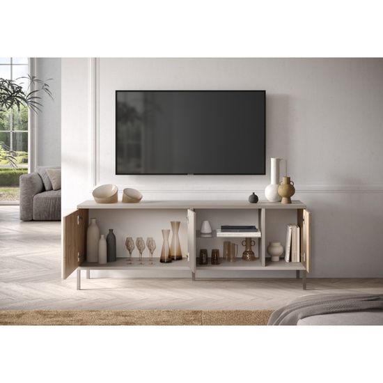 Meuble TV 3 portes Crème/Chêne naturel - TRIESTE - L 160 x l 43 x H 59 ...
